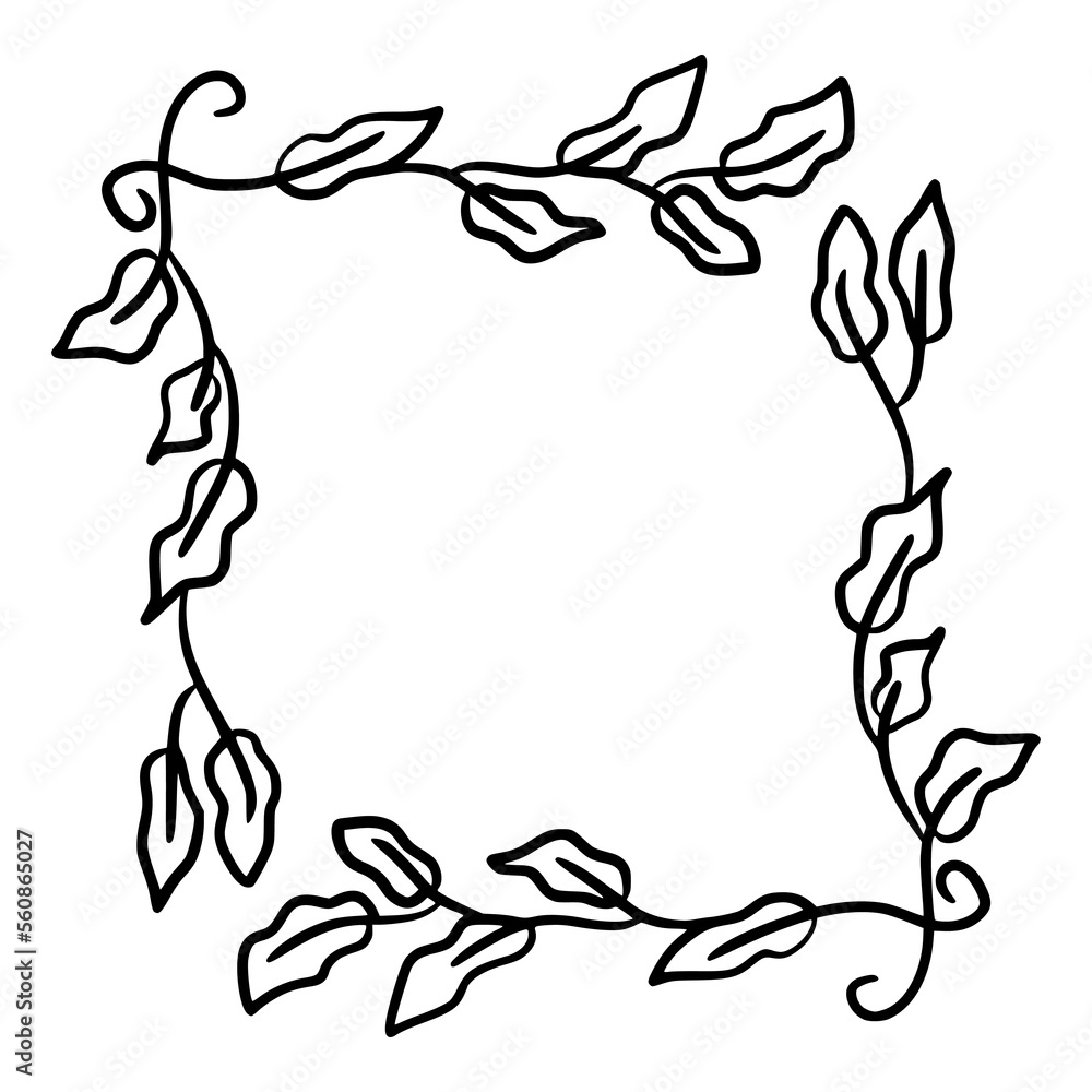 simple branch with leaves as square frame hand drawn outline ...