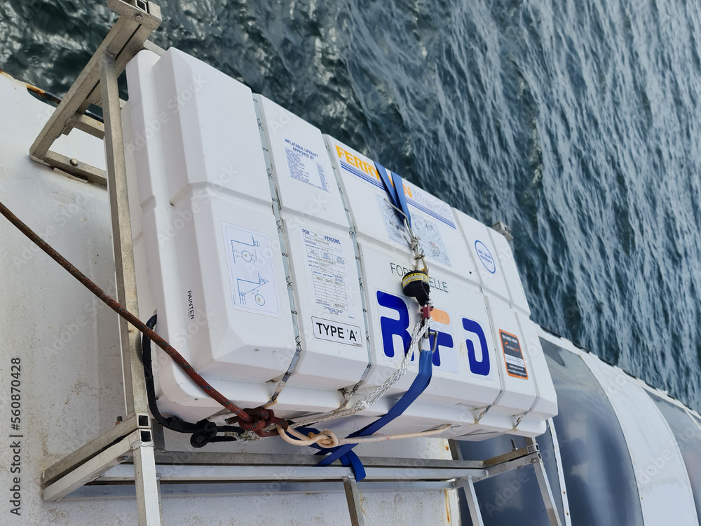 Flat pack container of an RFD Ferryman inflatable liferaft for 65 ...