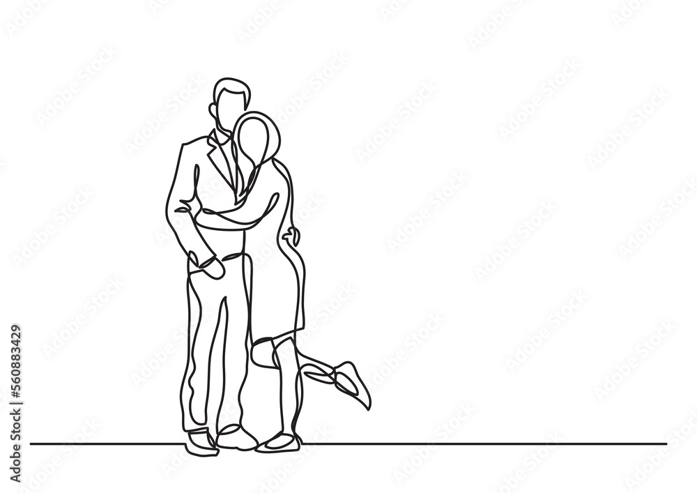 continuous line drawing couple standing hugging - PNG image with ...