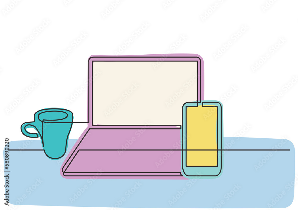 continuous line drawing work laptop computer mobile phone 3 colored ...