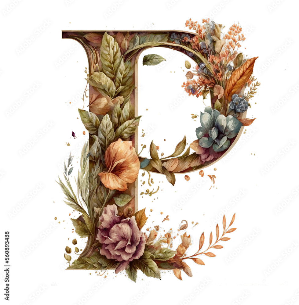 letter P monogram watercolor floral wildflowers weddings isolated ...