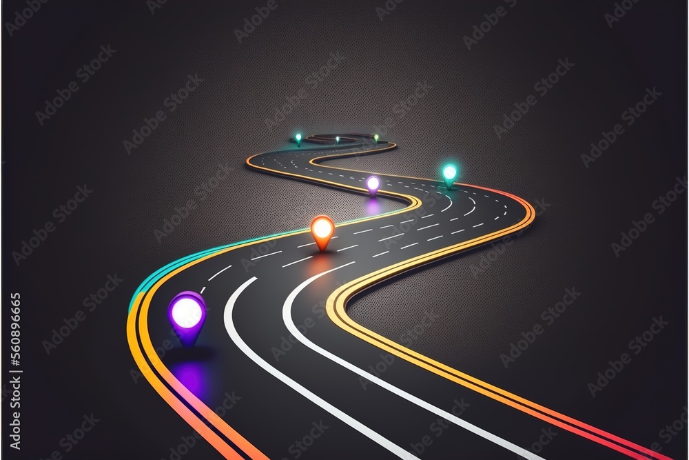 Roadmap design, neon glowing, forward movement, dark environment ...
