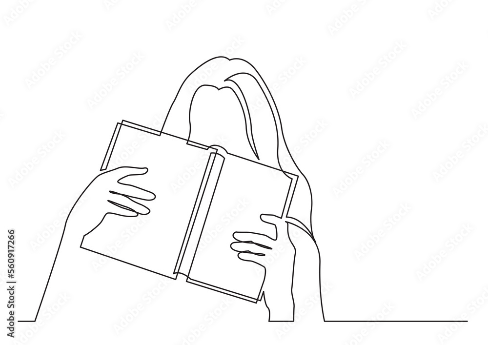 continuous line drawing shy young woman hiding her face behind book ...