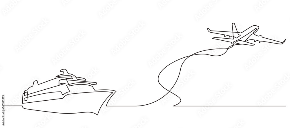 continuous line drawing cruise ship and passenger airplane - PNG image ...