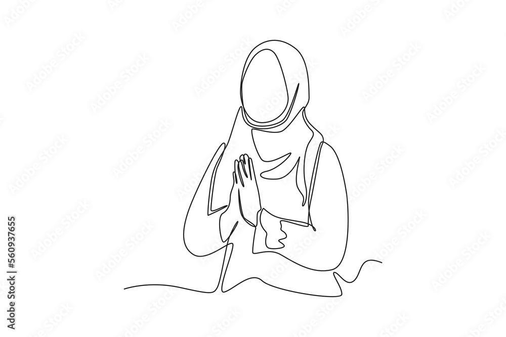 Continuous one line drawing muslim woman celebrate islamic event with ...