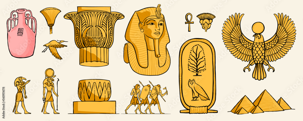 Tutankhamun’s pharaoh mask, column with lotus, palm, owl, cartouche ...