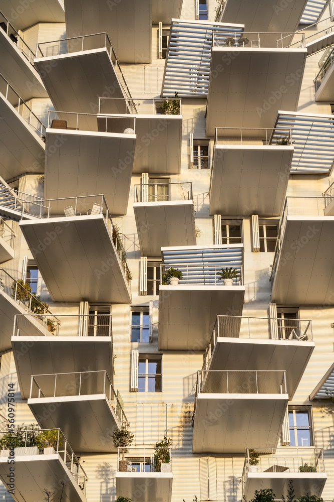Montpellier, France - 01 12 2023 : Low angle detail view of modern ...