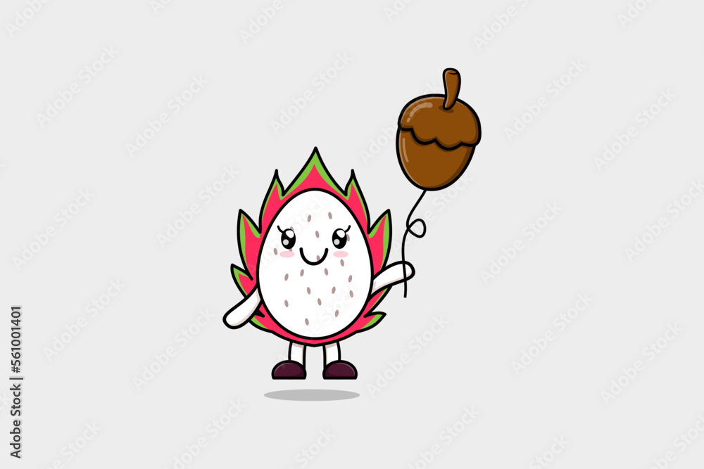 Cute cartoon Dragon fruit floating with acorn balloon cartoon vector ...