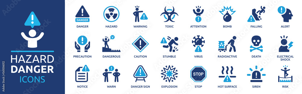 Hazard danger icon set. Containing warning sign, toxic, attention ...