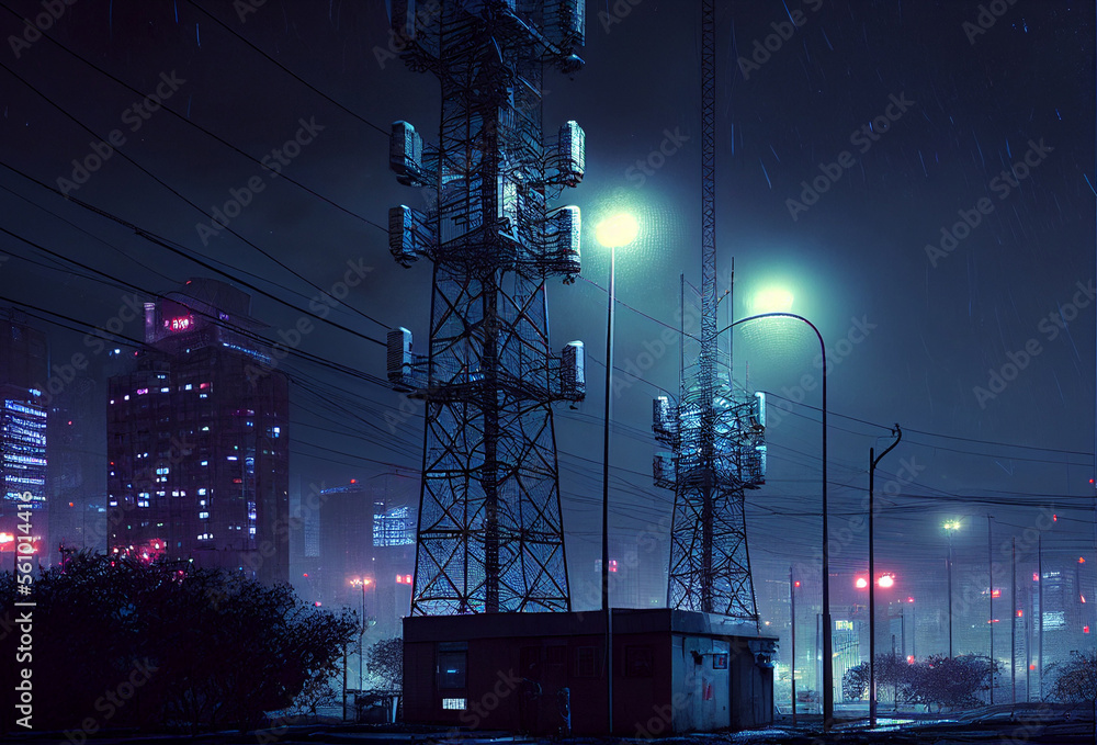 Telecommunication tower with cellular network antennas on night city ...