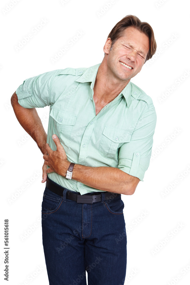 Back pain injury, studio and business man with emergency crisis ...