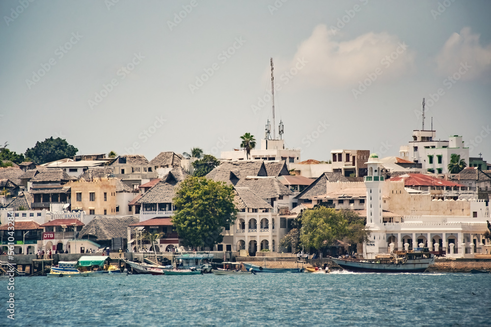 Shore view of Shela town in Lamu island, old white houses in Lamu ...