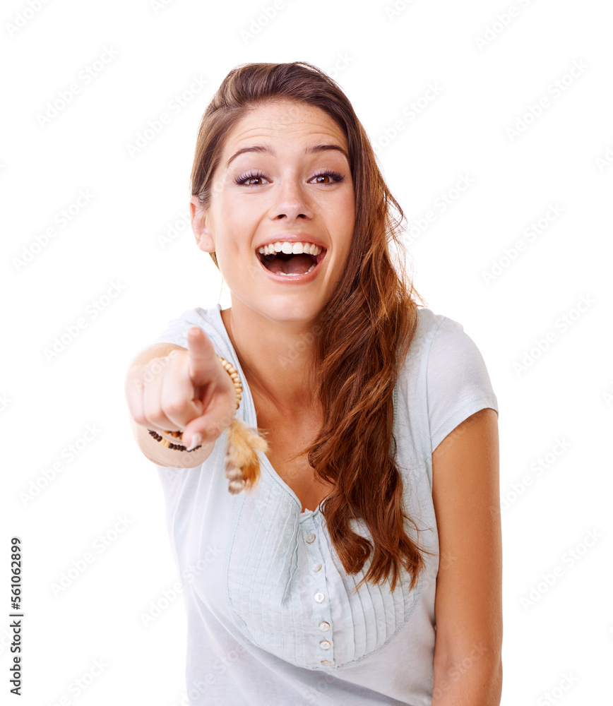 Laugh, bullying and woman pointing in studio on white background for ...