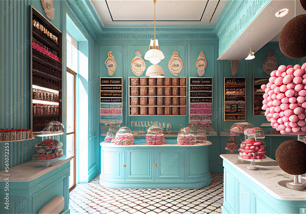 Luxury premium candy shop interior in pastel colors with lots of sweet treats, generative AI ...