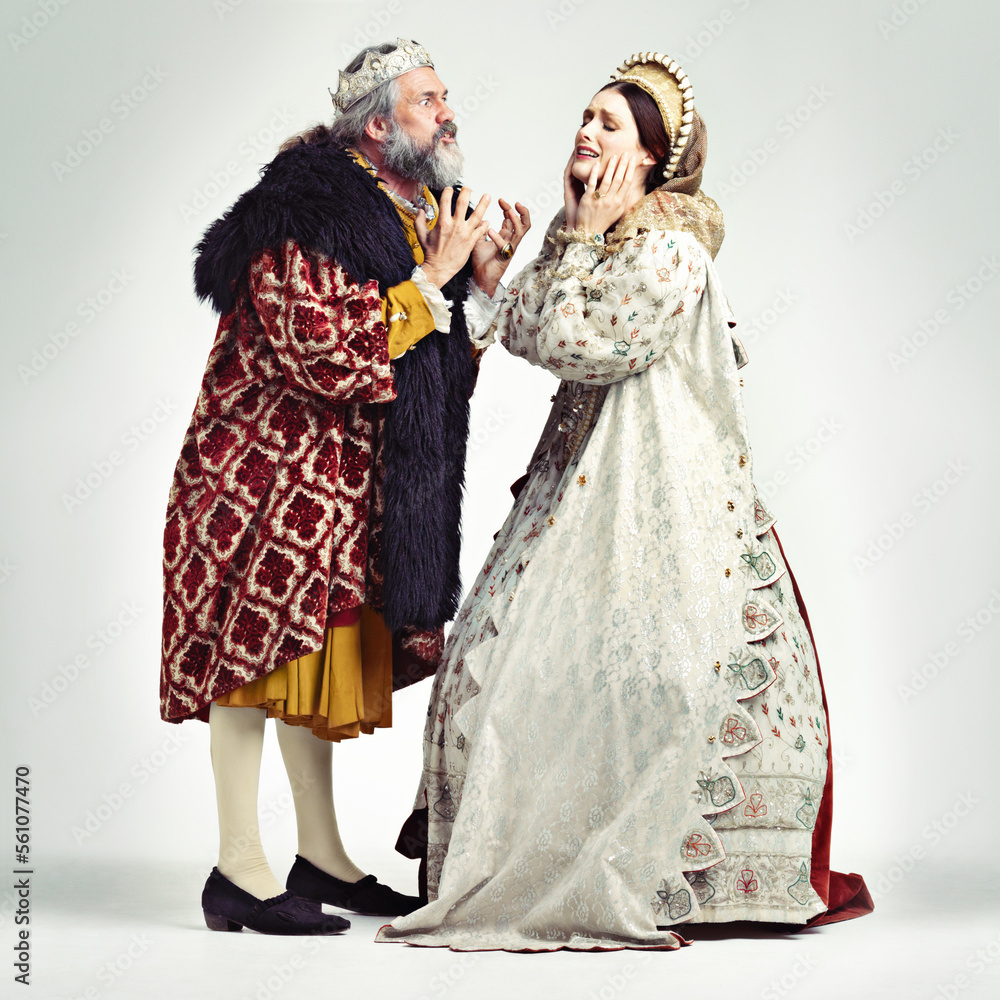 Photo Stock Royalty, renaissance and a king arguing with his queen in ...