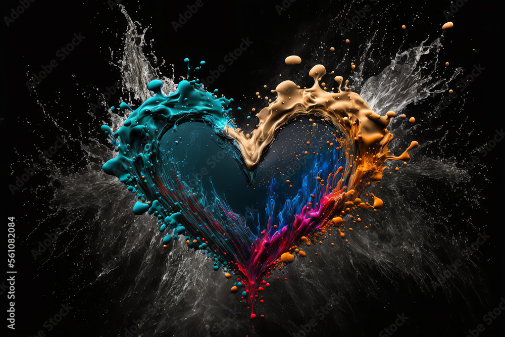 Paint Ink Explosion Heart in Water, Dark Black Background, Isolated ...