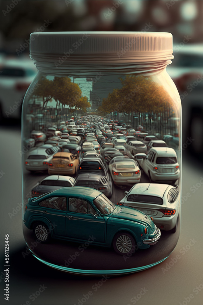 Jar showing a street full of cars jammed in a tight space, depicting ...