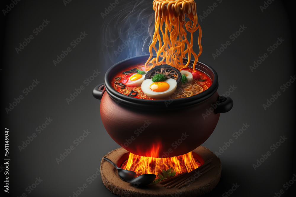 Ramyeon or Ramyun, a spicy instant noodle from Korea, is served in a ...