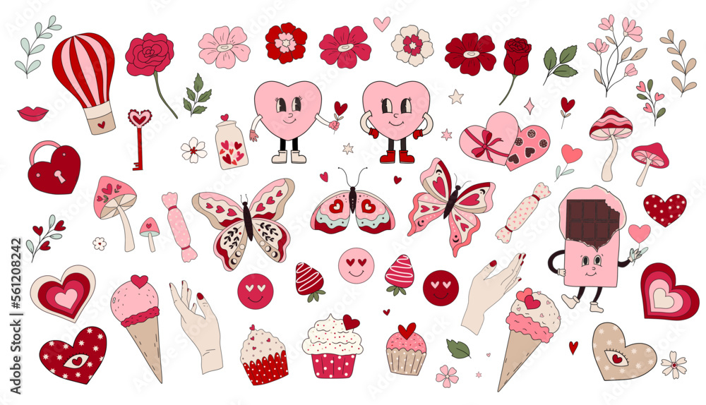 Retro Groovy Hippie valentines day clipart and vector illustration set ...