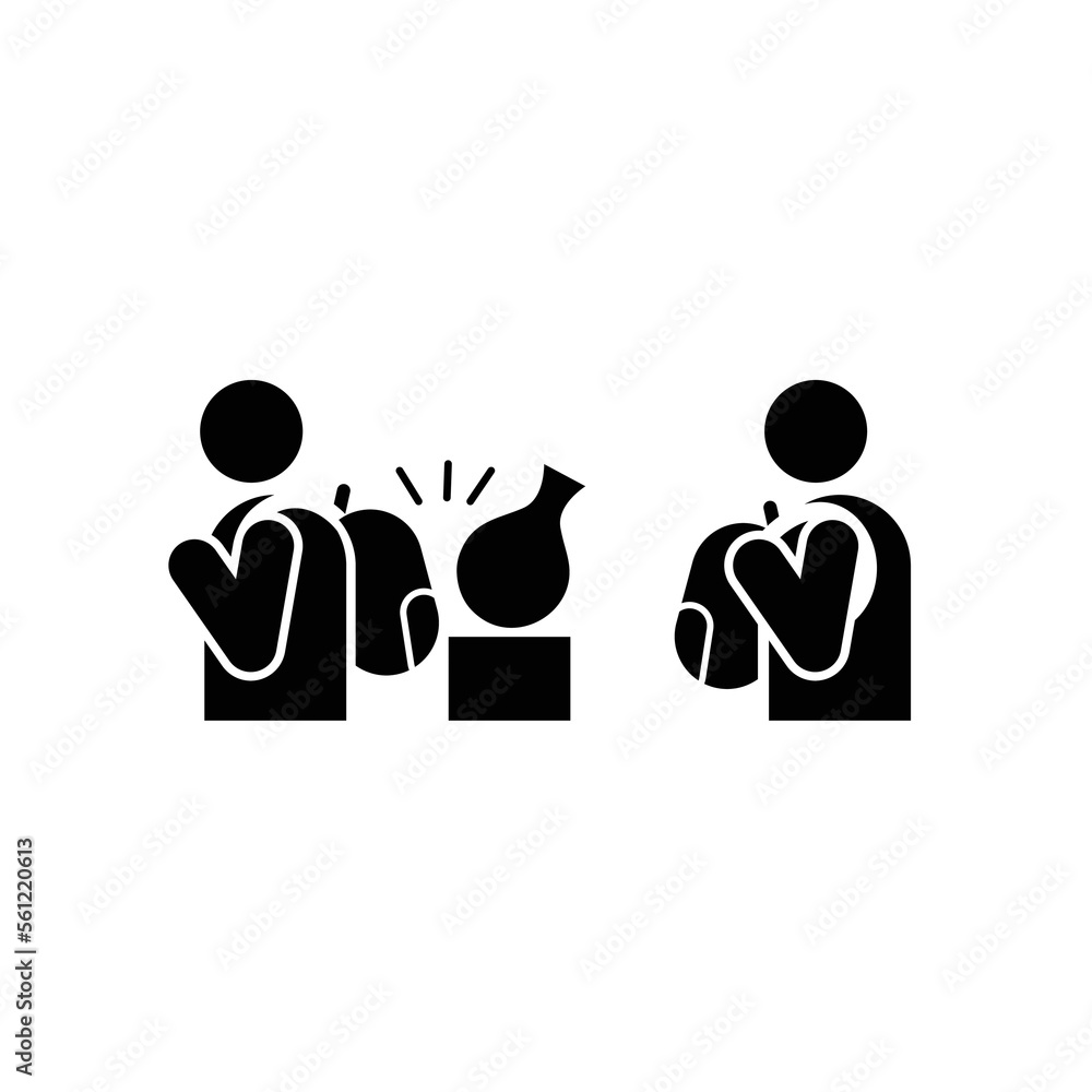 Carry your backpack in front in museums icon symbol.. Man hitting a ...