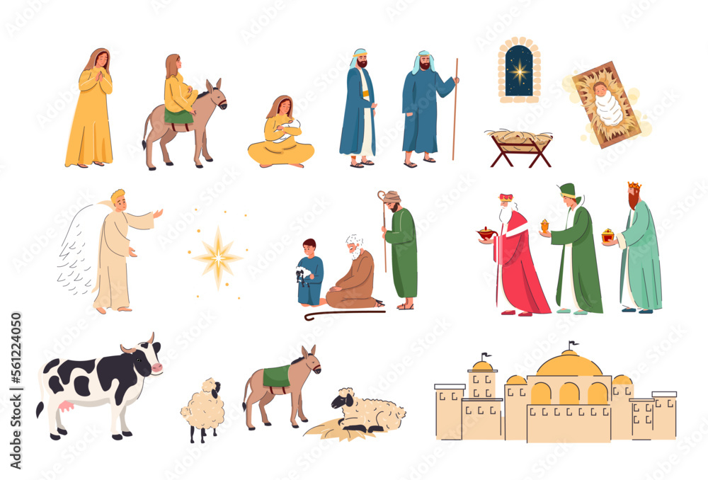 Bible characters. The birth of Jesus vector illustration set. Christ ...