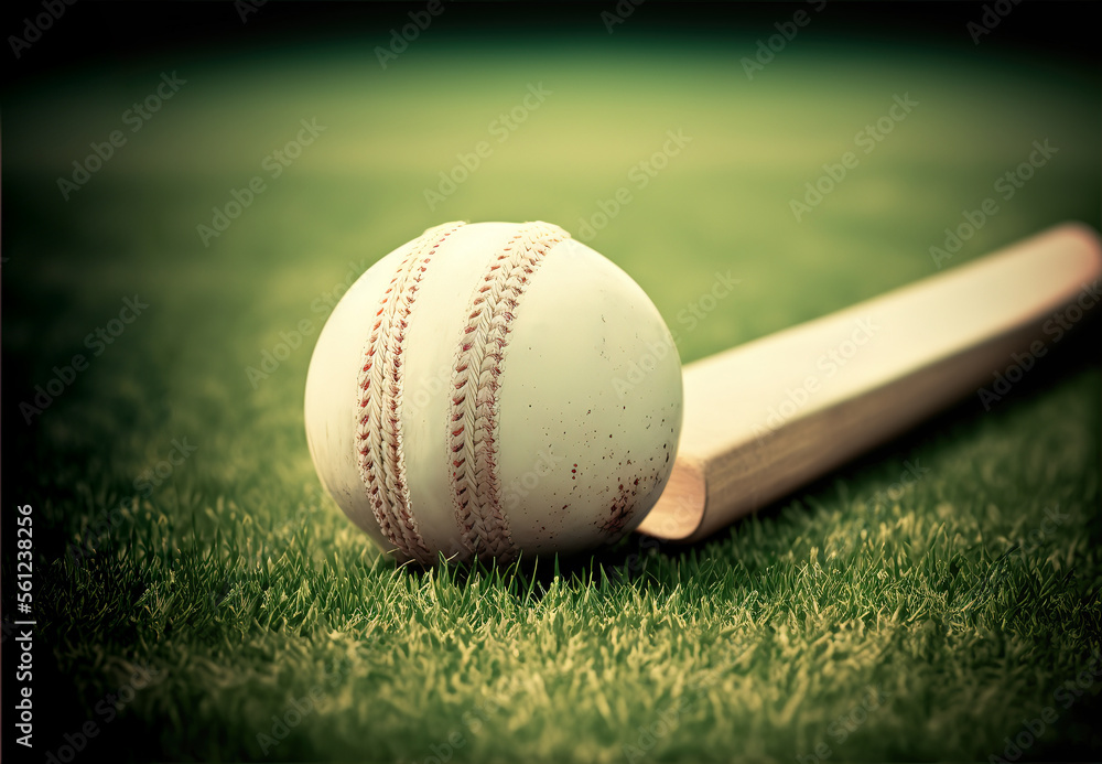 Cricket ball and bat on green grass of cricket pitch. Generative AI ...