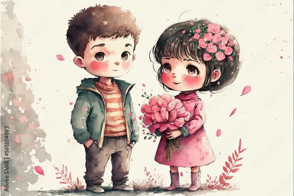 Cute boy and girl in love on romantic Valentine's day hand drawn ...