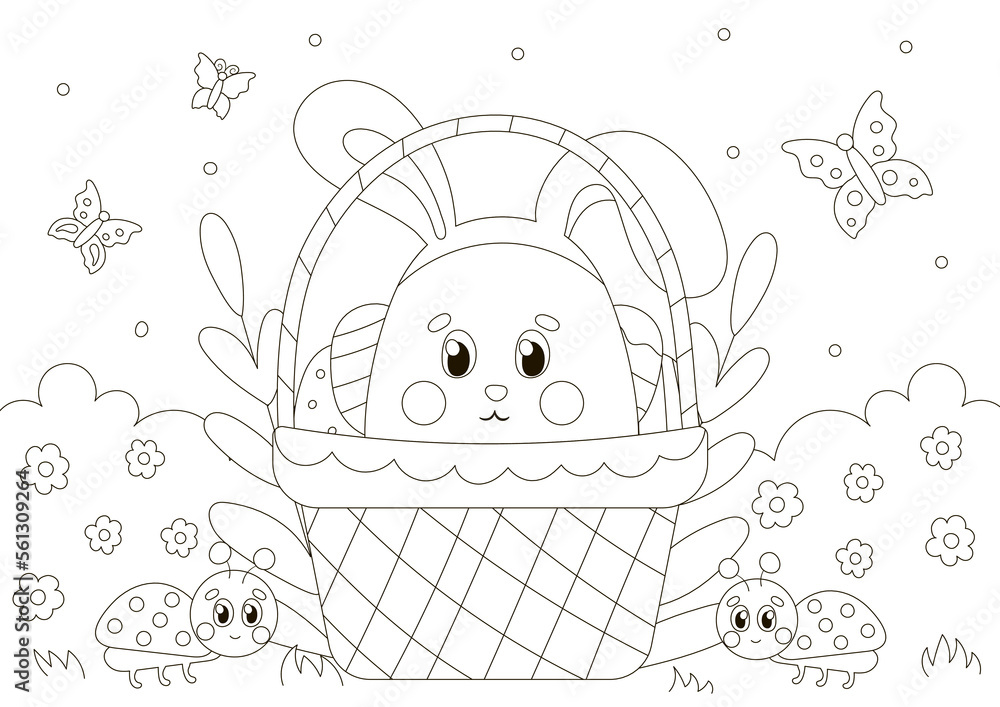Cute coloring page for easter with bunny character in basket with ...