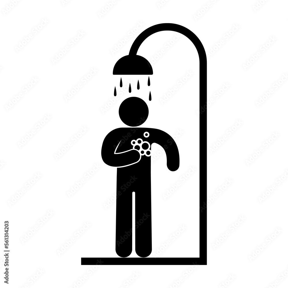Vetor icon man washing in the shower, stick figure human silhouette ...