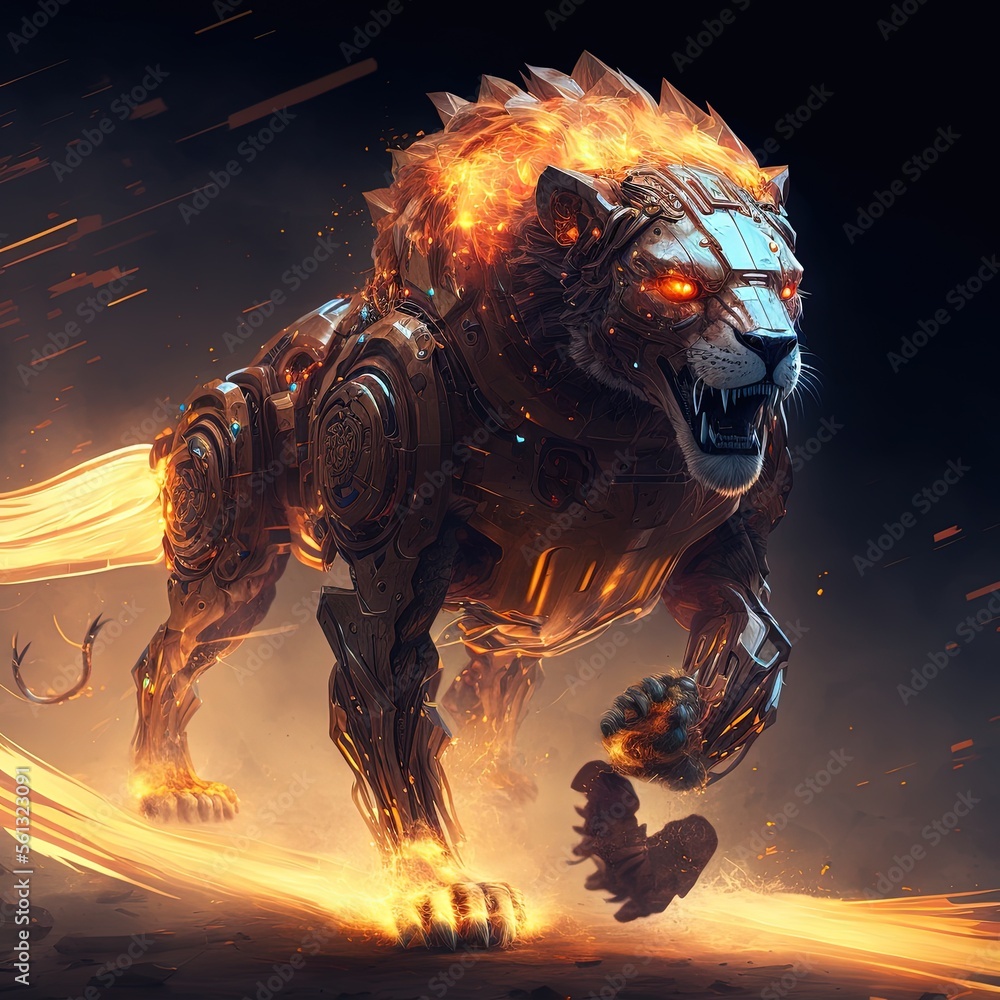Futuristic lion knight attacks, mechanical robot warrior, future ...