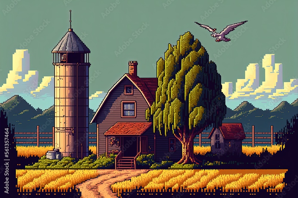 Pixel art of farm with barn, silo, fence and trees, background in retro ...