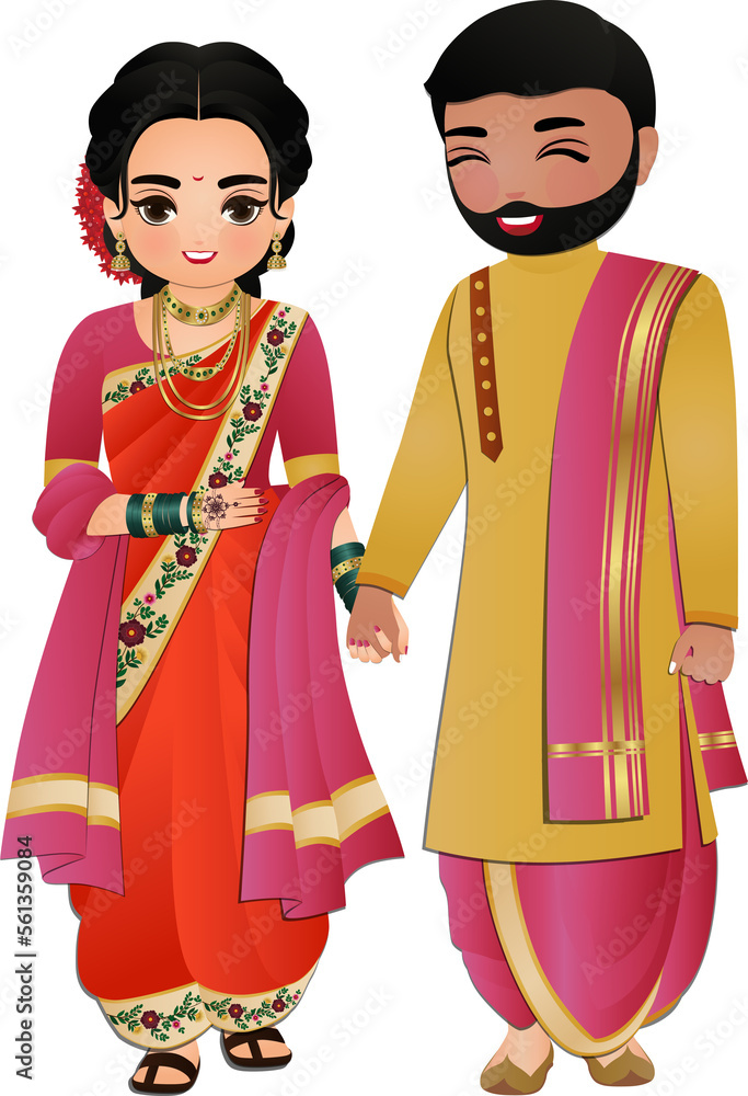 Cute hindu couple in traditional indian dress cartoon character ...