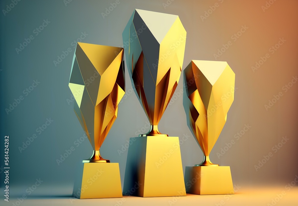group of 3D rendered golden trophies, symbolising the pinnacle of ...