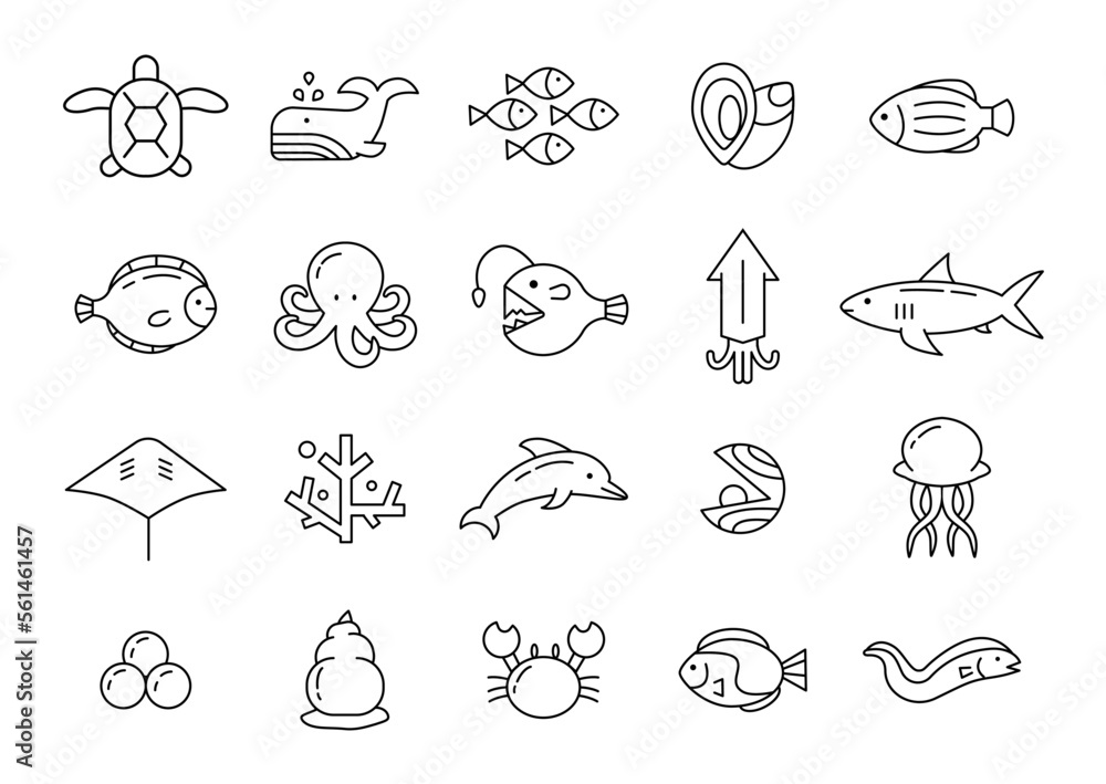 Sea water animal icons. Marine fish. Turtle and whale. Seafood line ...