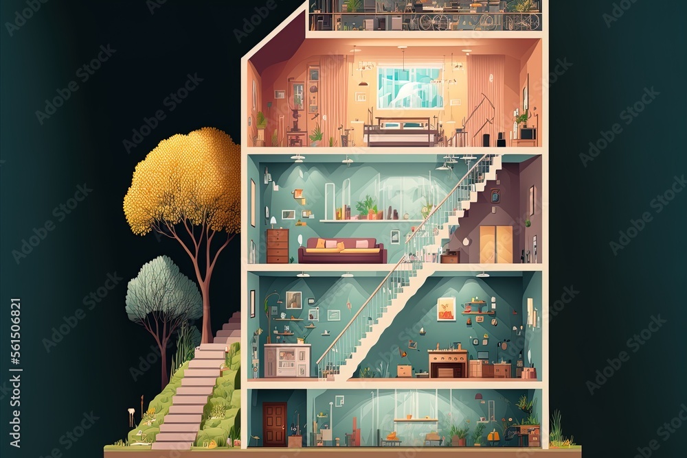 Cartoon private multi-story structure, segment through a three-story ...