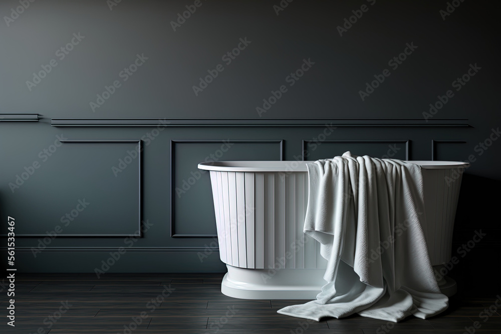 Interior of a bathroom, showing a tub and a table with towels. Front ...