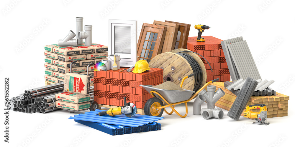 Construction materials and tools isolated on white background. Stock ...