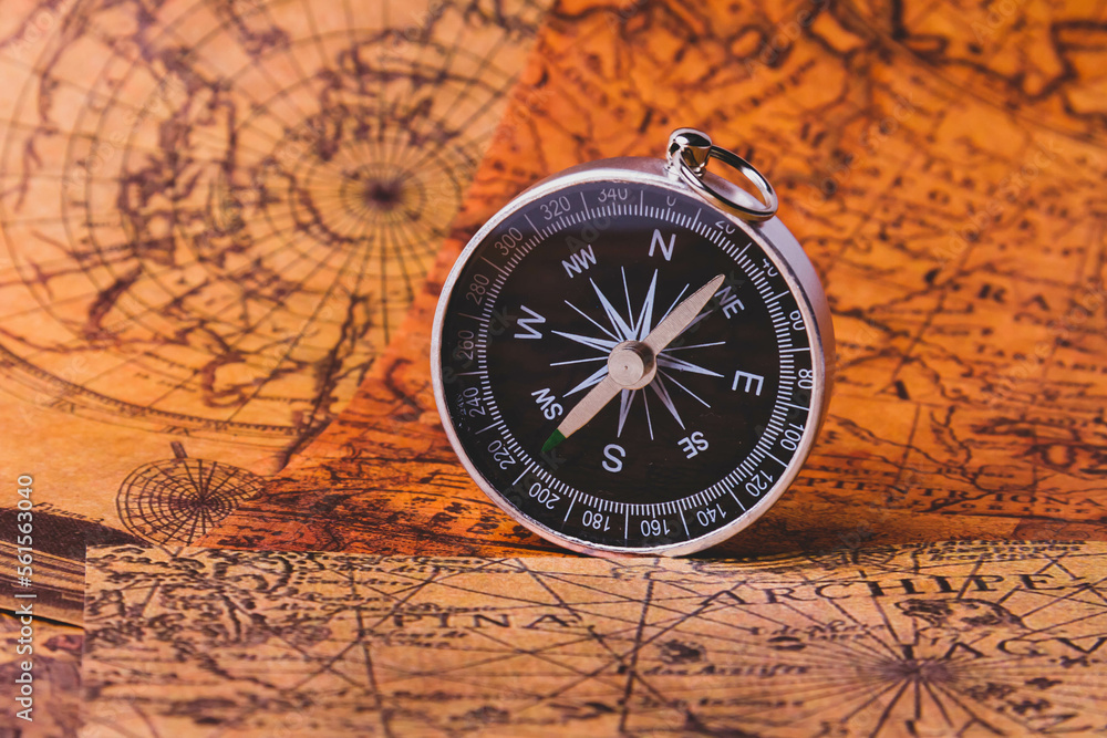 Looking for adventure. Compass and maps. Treasure map and path to the ...