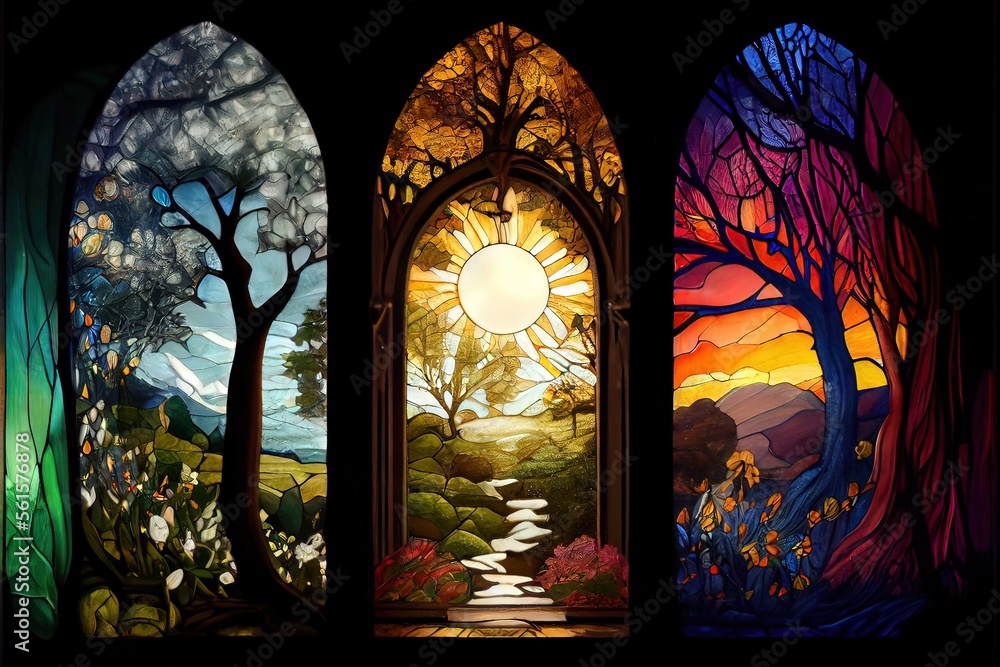 Generative AI illustration of luminous stained glass window showing the ...