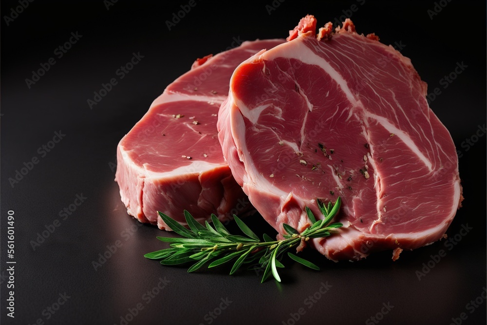 two pieces of raw pork chops with rosemary sprigs on a black background ...