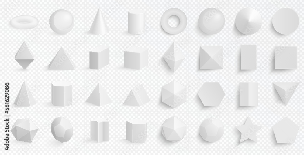 Set of white geometric solids realistic basic 3d shapes. Three ...