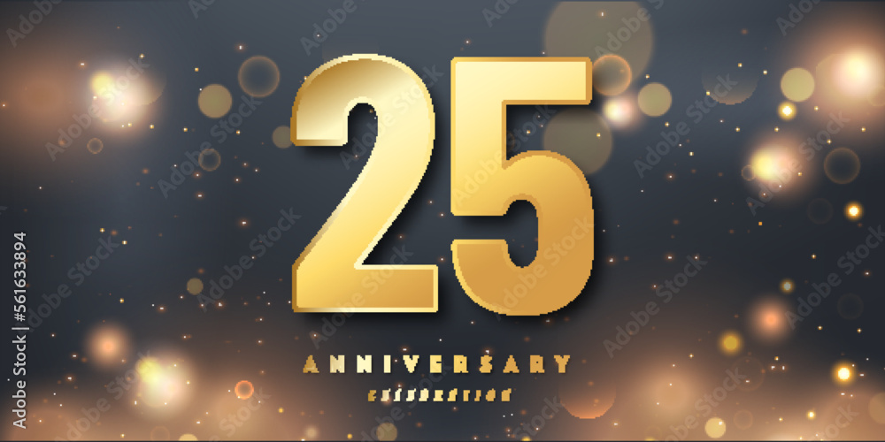 25th Year anniversary celebration background. 3D Golden number with ...