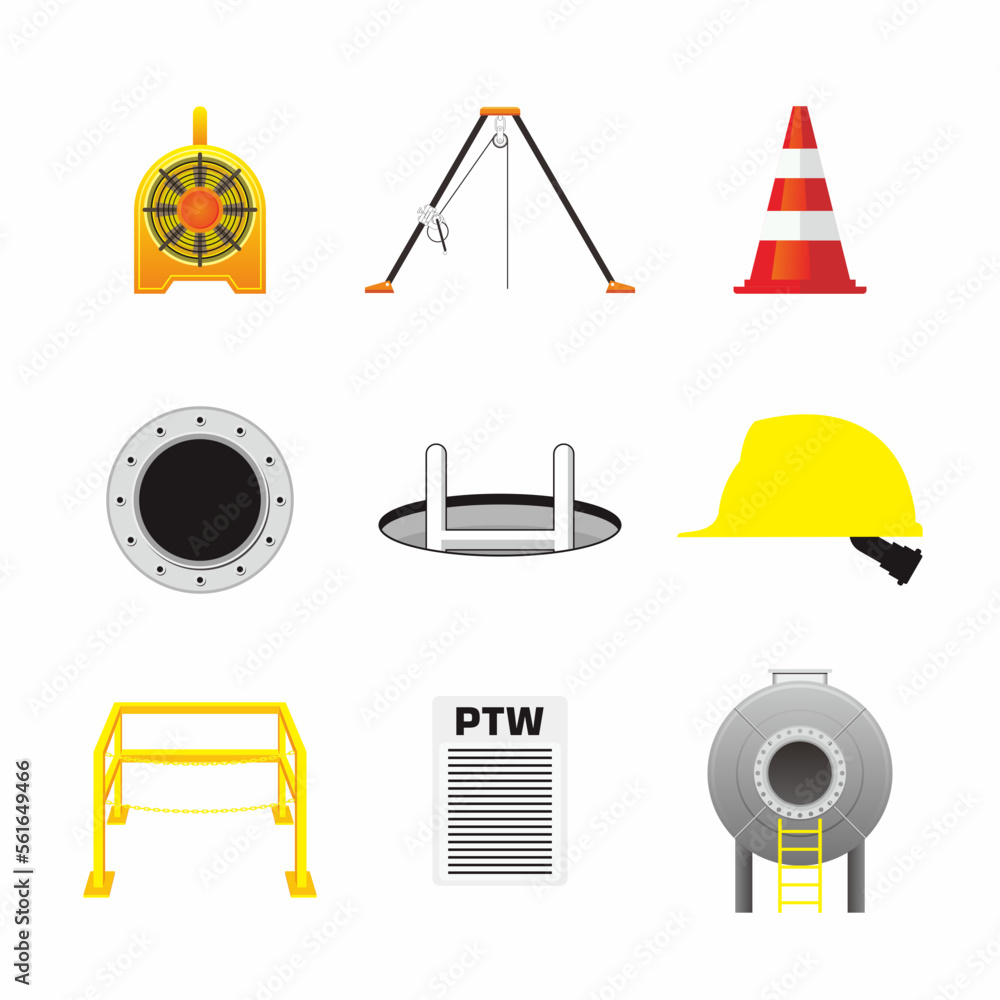 Set of colorful confined space work equipment icon and symbol. Safety ...