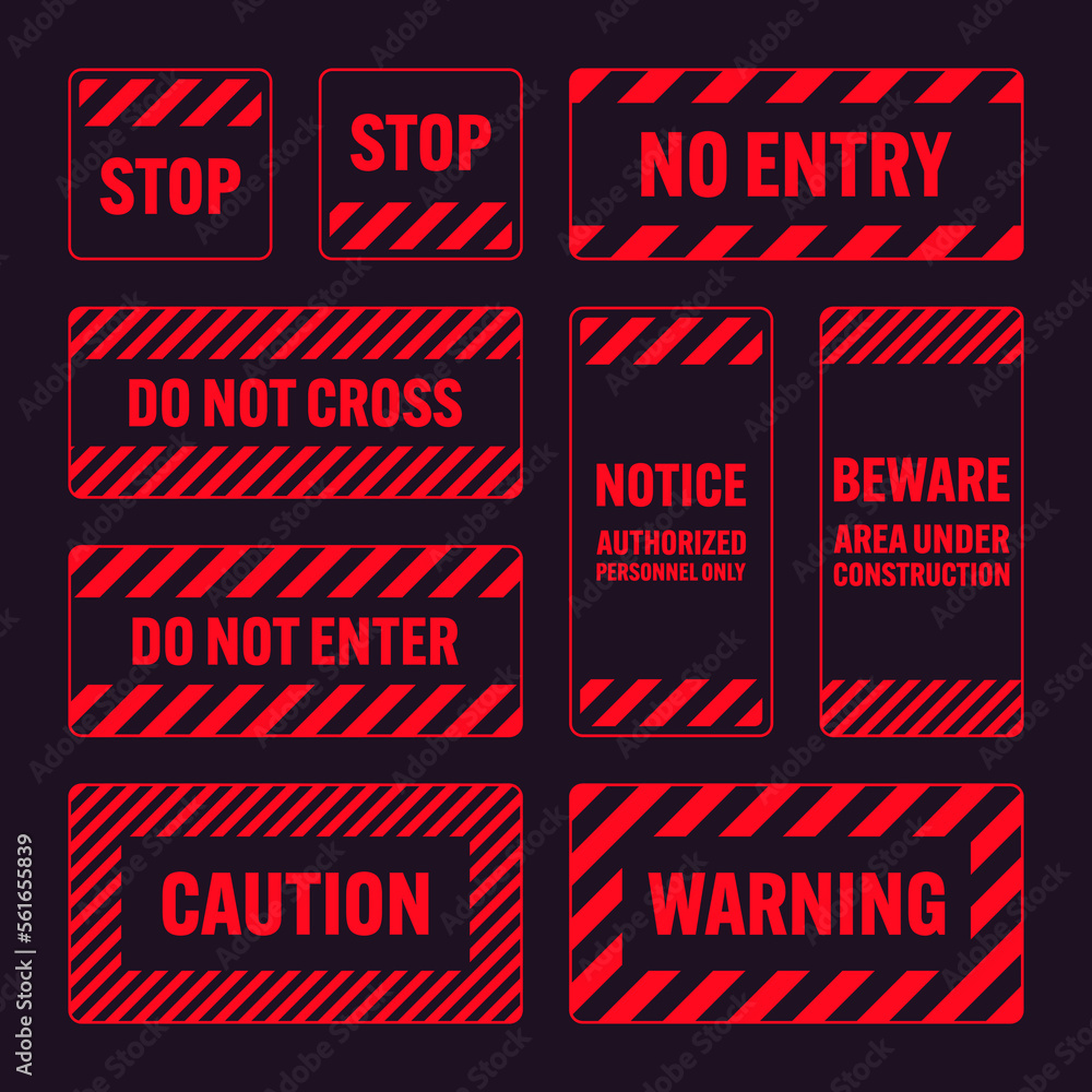 Various red warning signs with diagonal lines. Attention, danger or ...