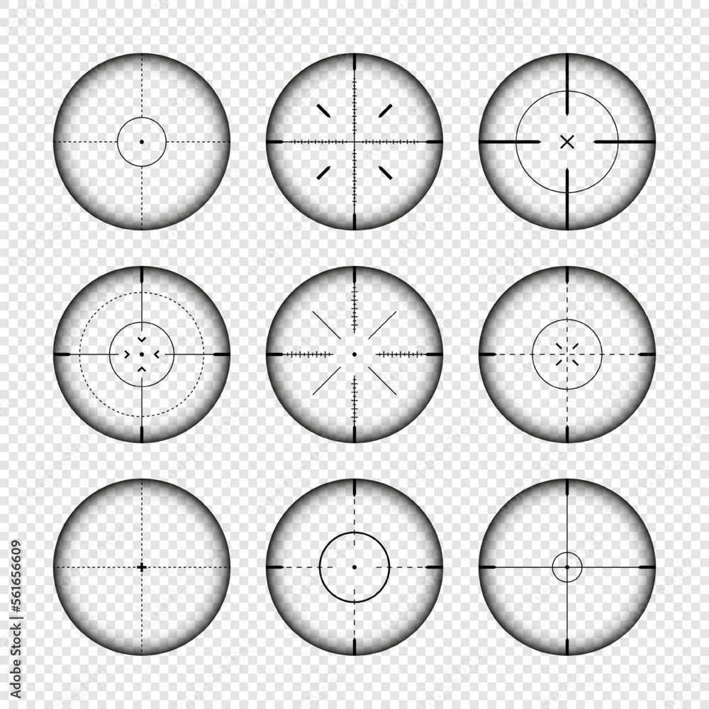 Various weapon sights, sniper rifle optical scopes. Hunting gun ...