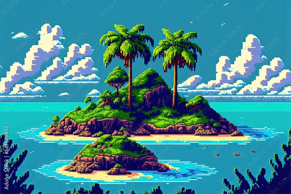 Pixel art paradise island on the high seas, background in retro style ...