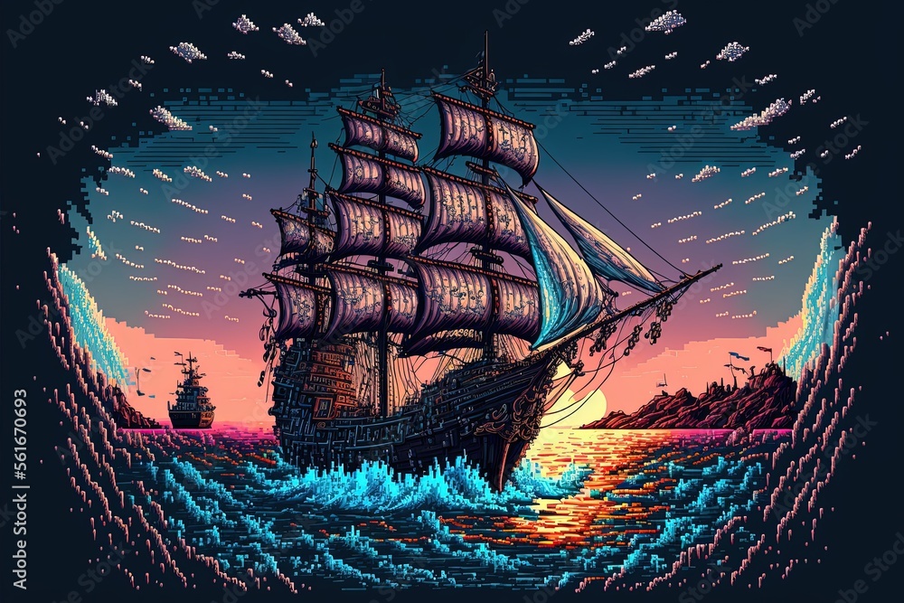 Pixel art pirate ship sailing on the high seas, background in retro ...