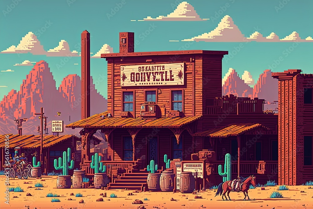 Pixel art wild west town building, wild west city background in retro ...