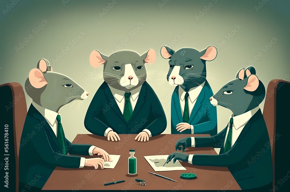 group of rats dressed in suits, gathered around a conference table in a ...