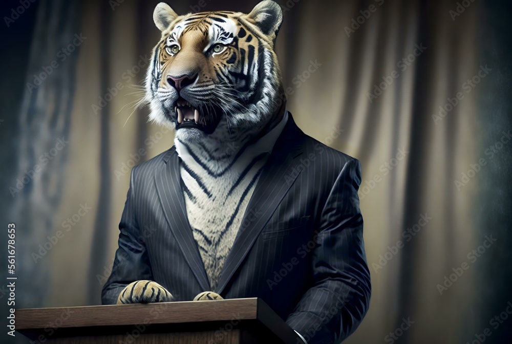 tiger in a suit on a podium giving a speech, symbolising the power of ...